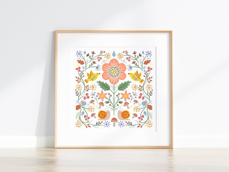 Cozy Fall Scandinavian Floral Folk Art Set Square Prints, Scandi Boho ...