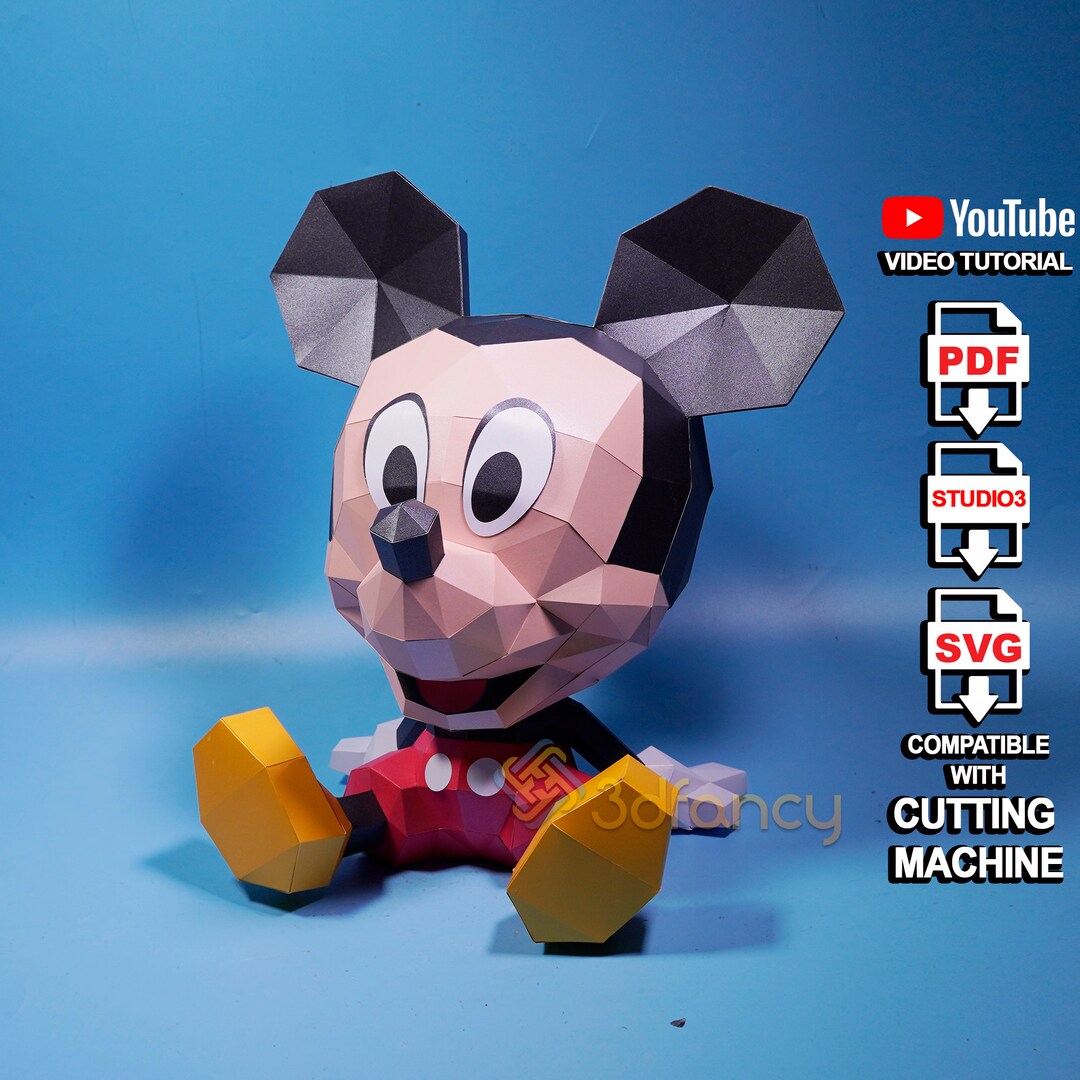 Cute Mickey Mouse Papercraft PDF, SVG Template for DIY Low Poly Mickey ...