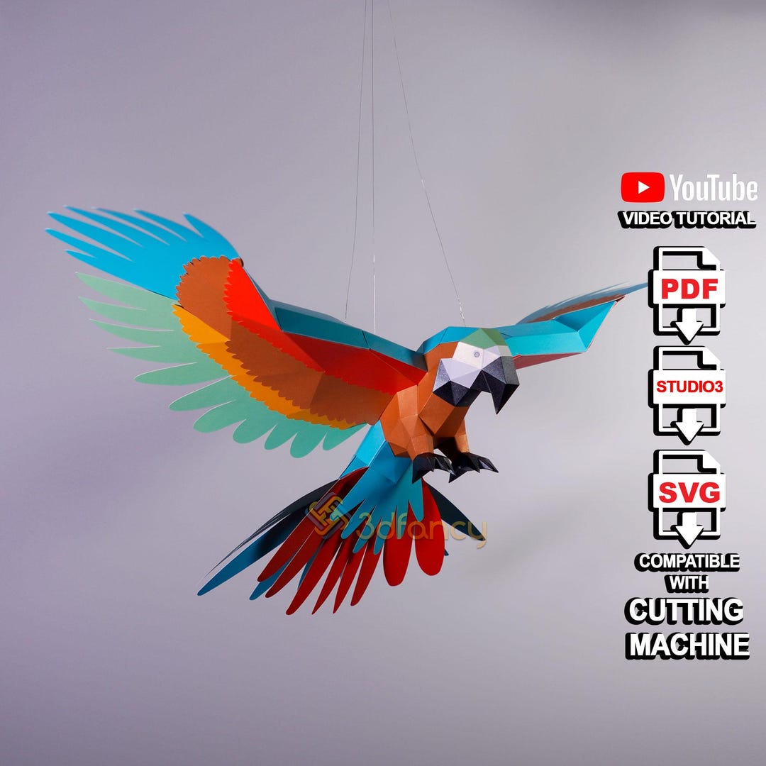 Low Poly Flying Parrot Papercraft PDF, SVG Template - 3D Macaw Origami ...