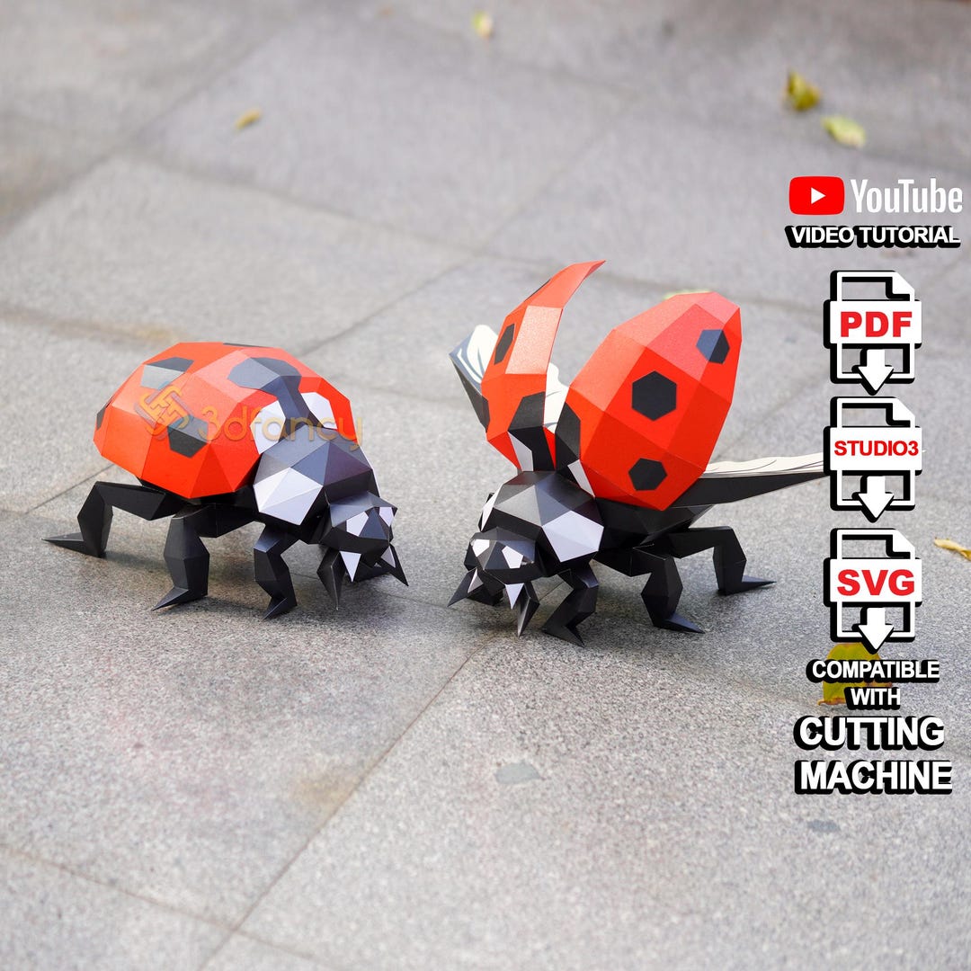 Set of 2 3D Ladybug Papercraft SVG PDF – DIY Low Poly Insect Model for ...
