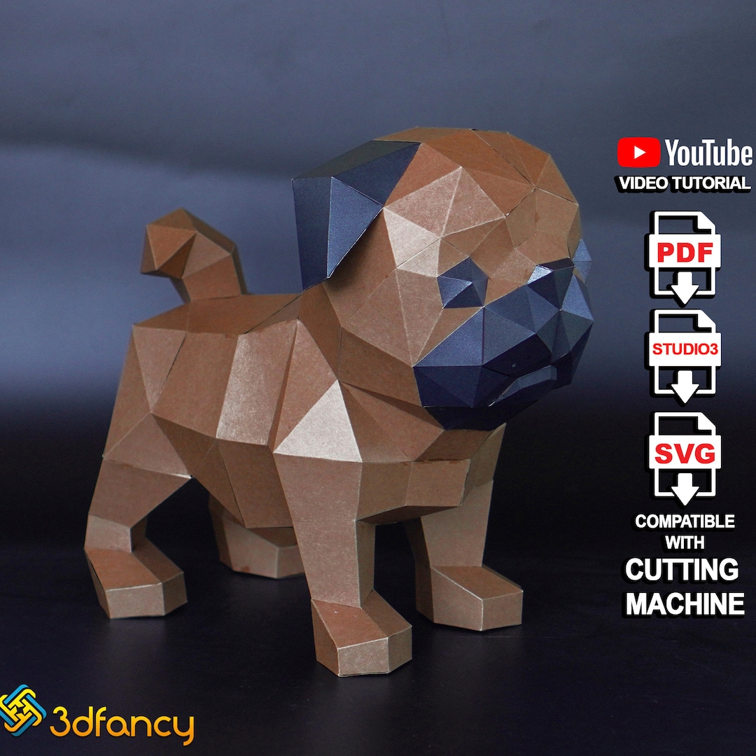 Pug Dog Papercraft 3D PDF, SVG Templates Silhouette for Low Poly Pug ...