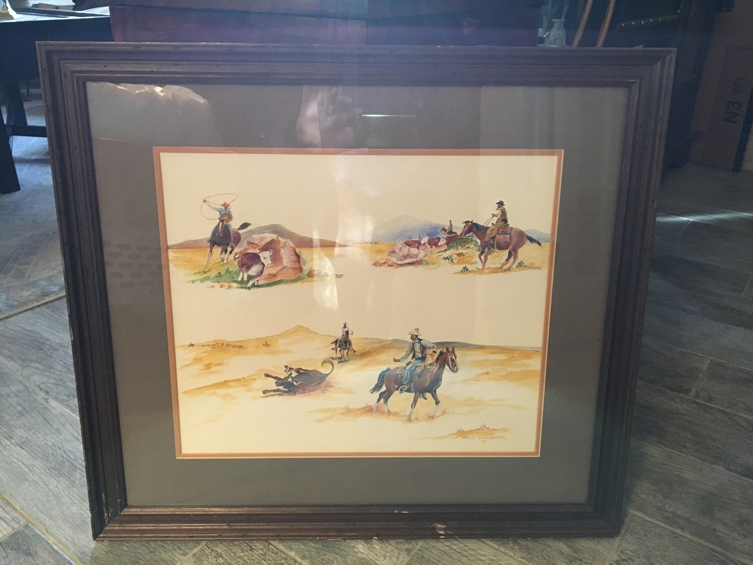 1981 Signed Walt Gallagher Cattle Roping Mixed Media Framed Watercolor ...