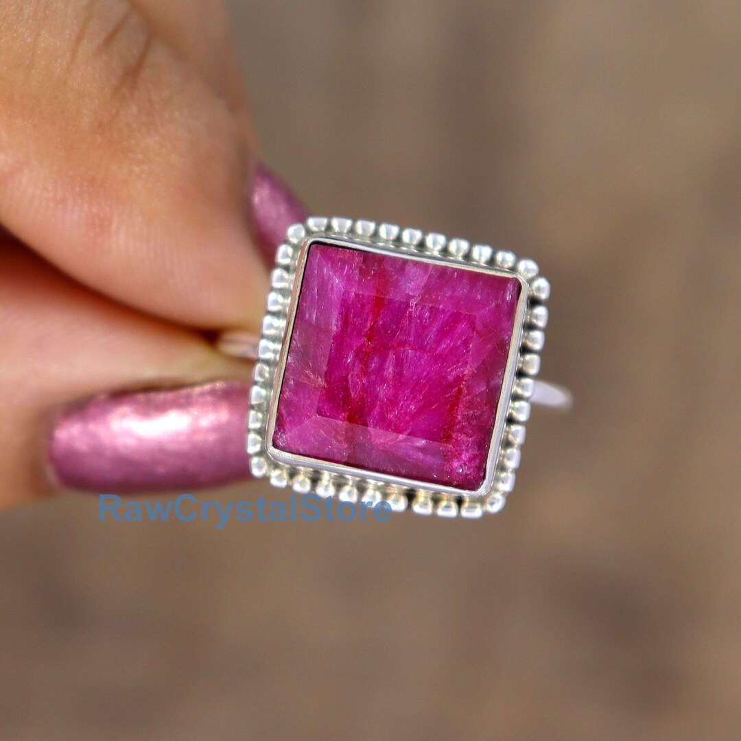 Ruby Ring, Raw Ruby Ring, Emerald Cut Ruby Ring, Sterling Silver Ring ...