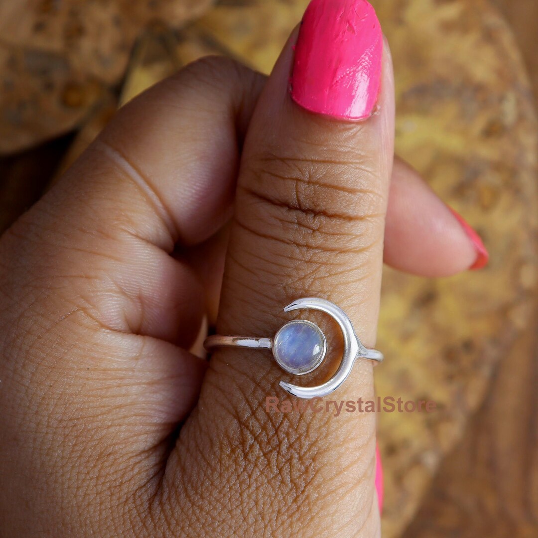 Moonstone Ring, 925 Sterling Silver Ring, Half Moon Ring, Blue Flash Ring, Rainbow Moonstone ...