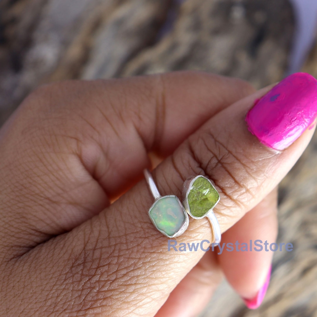 Raw Peridot Ring, Raw Opal Ring, Healing Crystal Raw Ring, Sterling Silver Ring, Women Silver ...