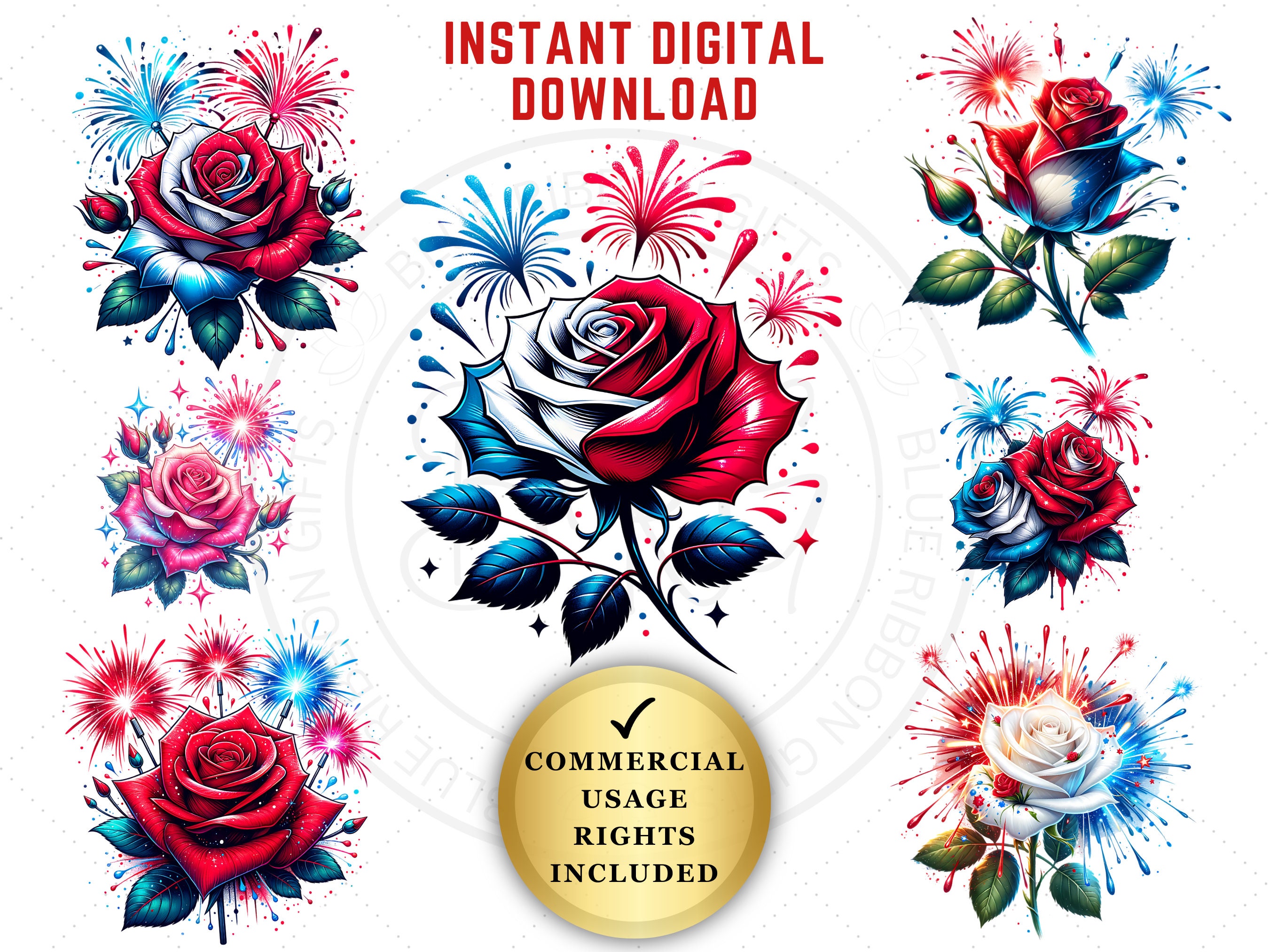 Patriotic Rose Clip Art Bundle for Sublimation, 4th of July Clipart ...