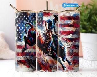 Bull Riding Cowboy Patriotic Rustic 20 Oz Skinny Floral Tumbler Wrap ...