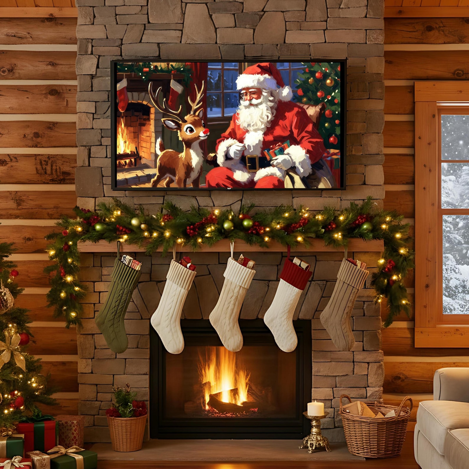 Vintage Christmas Frame Tv Art Set of 9 Images, Santa Reindeer Holiday ...