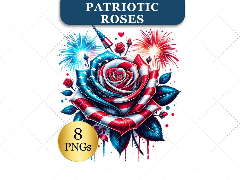 Patriotic Rose Clip Art Bundle for Sublimation, 4th of July Clipart ...