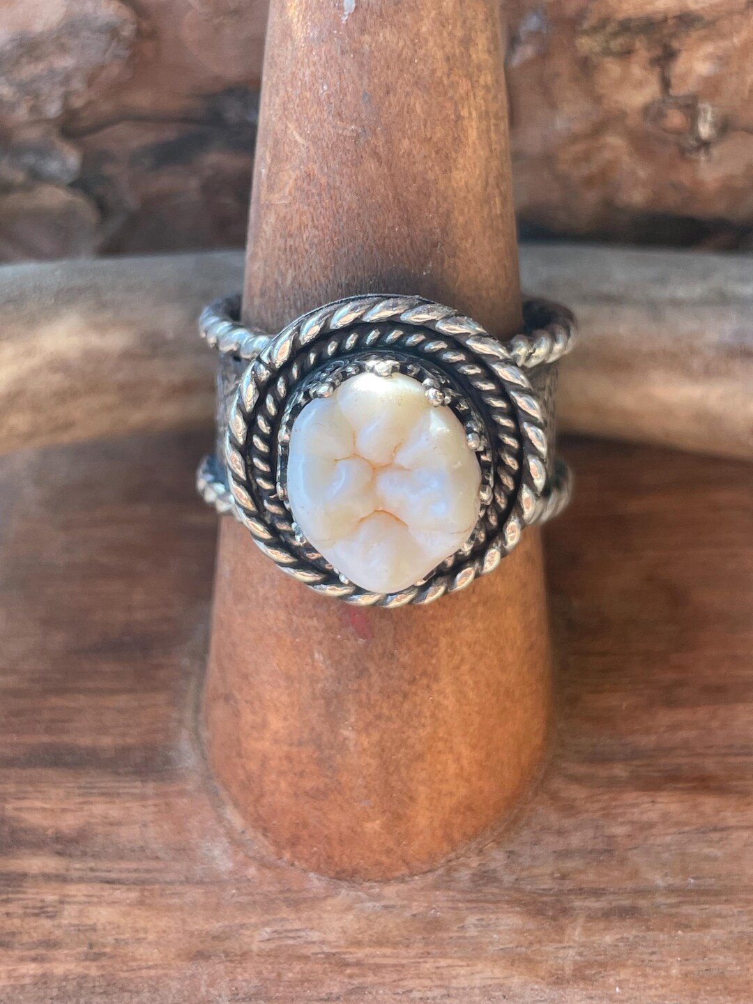 Human Tooth Ring Set in Sterling Silver. Hand Stamped Wide Band Size 9 ...