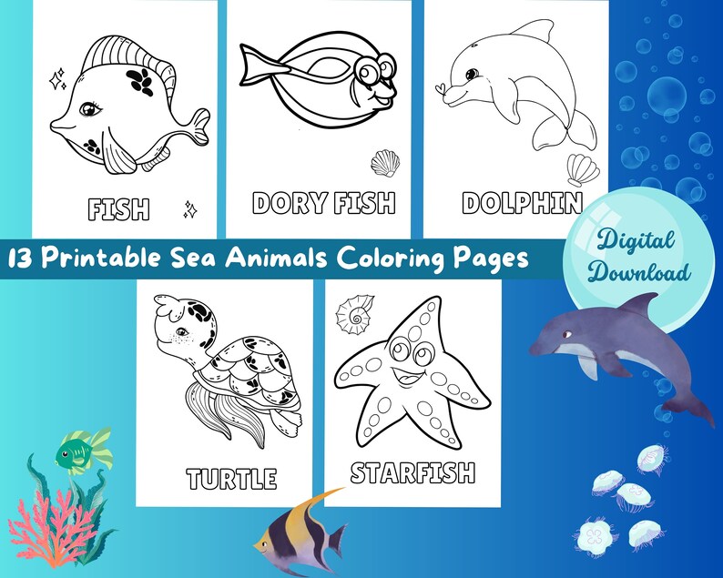 13 Fun Ocean Creatures Coloring Pages for Kids Printable - Etsy