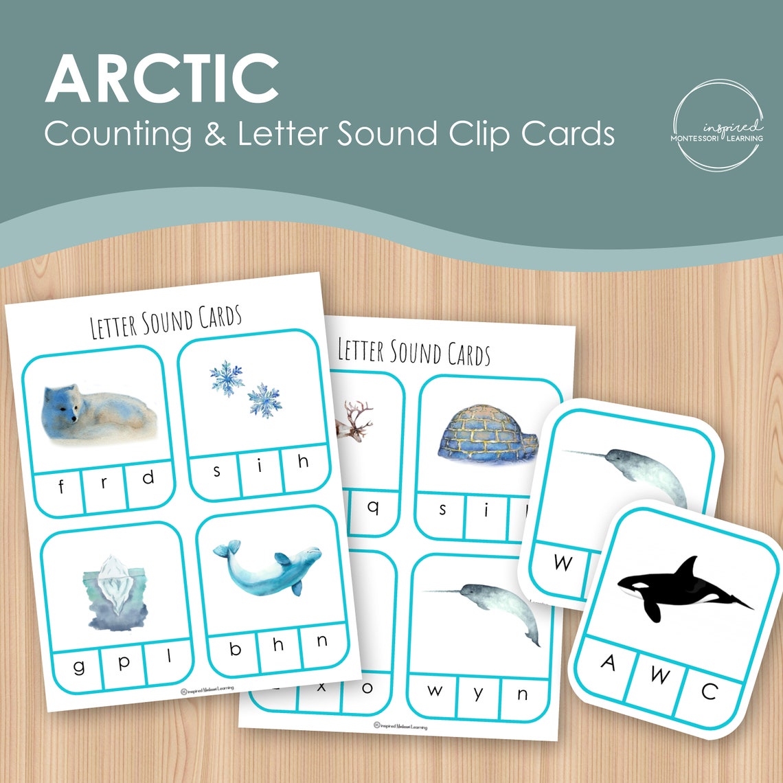 Arctic Counting and Letter Sound Clip Cards, Montessori Inspired Winter ...