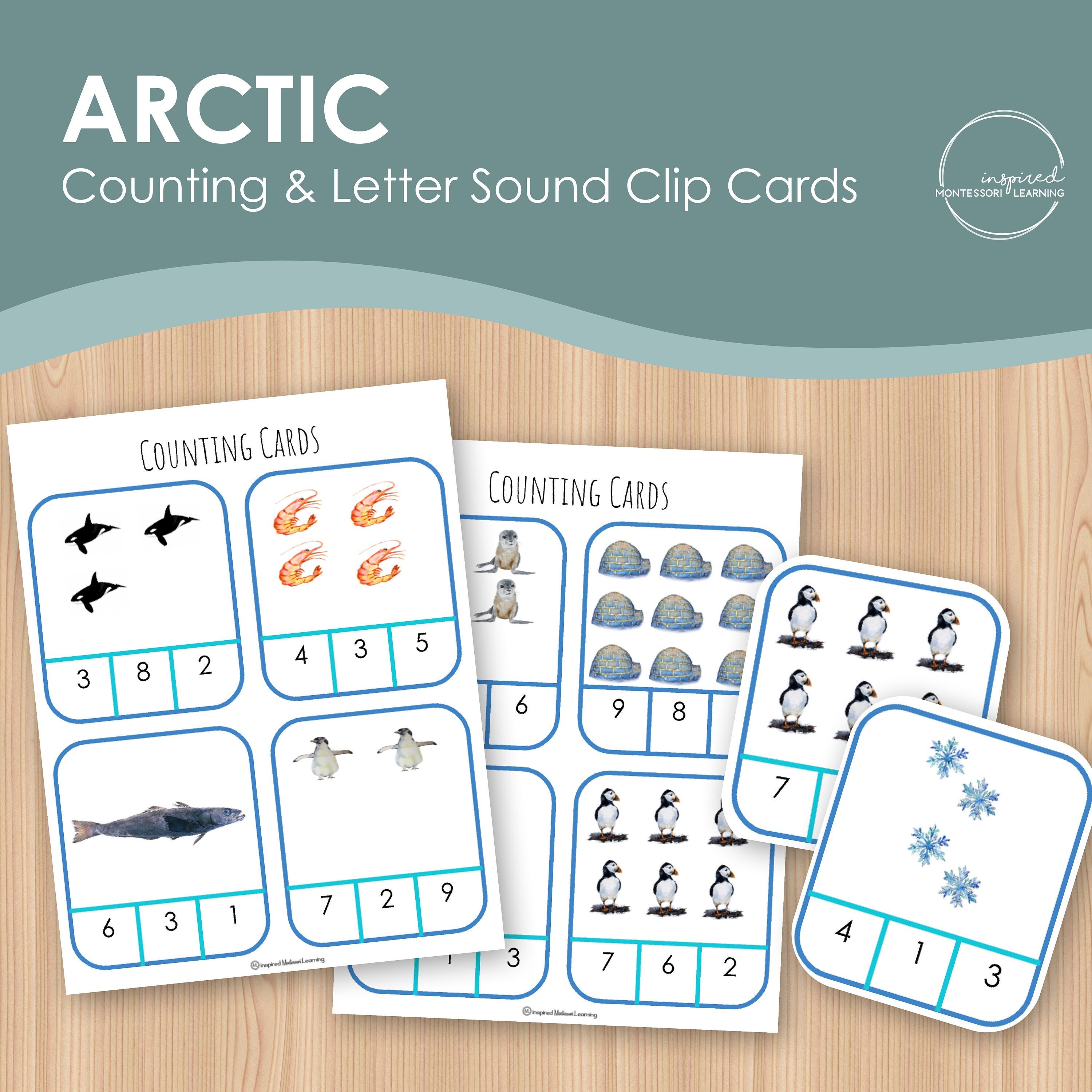 Arctic Counting and Letter Sound Clip Cards, Montessori Inspired Winter ...