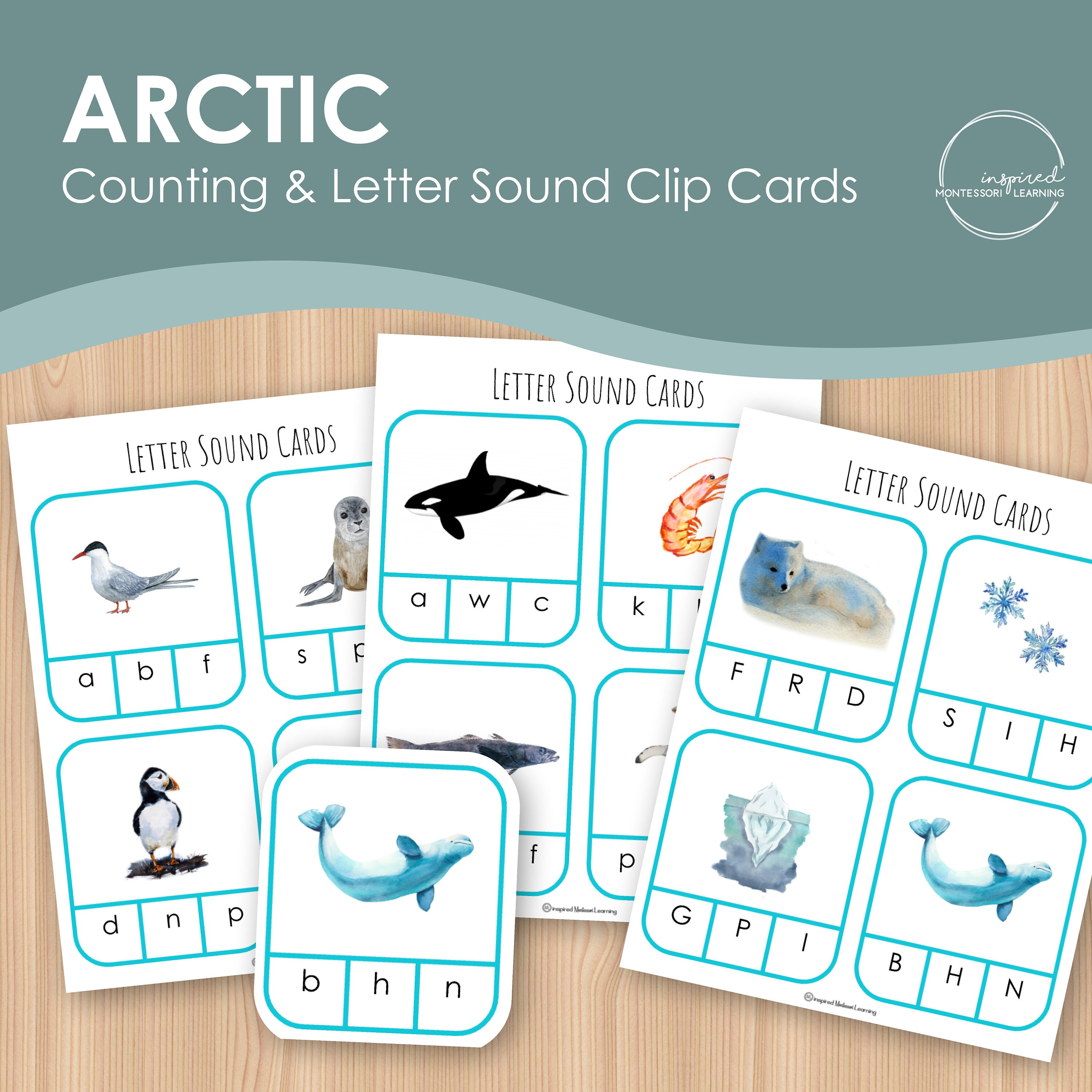 Arctic Counting and Letter Sound Clip Cards, Montessori Inspired Winter ...