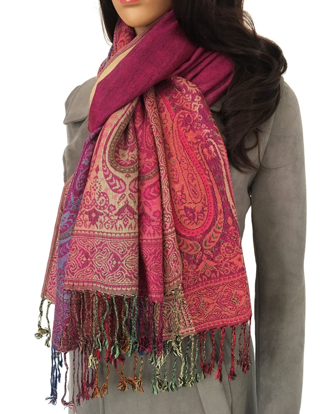 Fuchsia Pink Paisley Print Scarf Vintage Floral Pashmina Evening Shawl ...