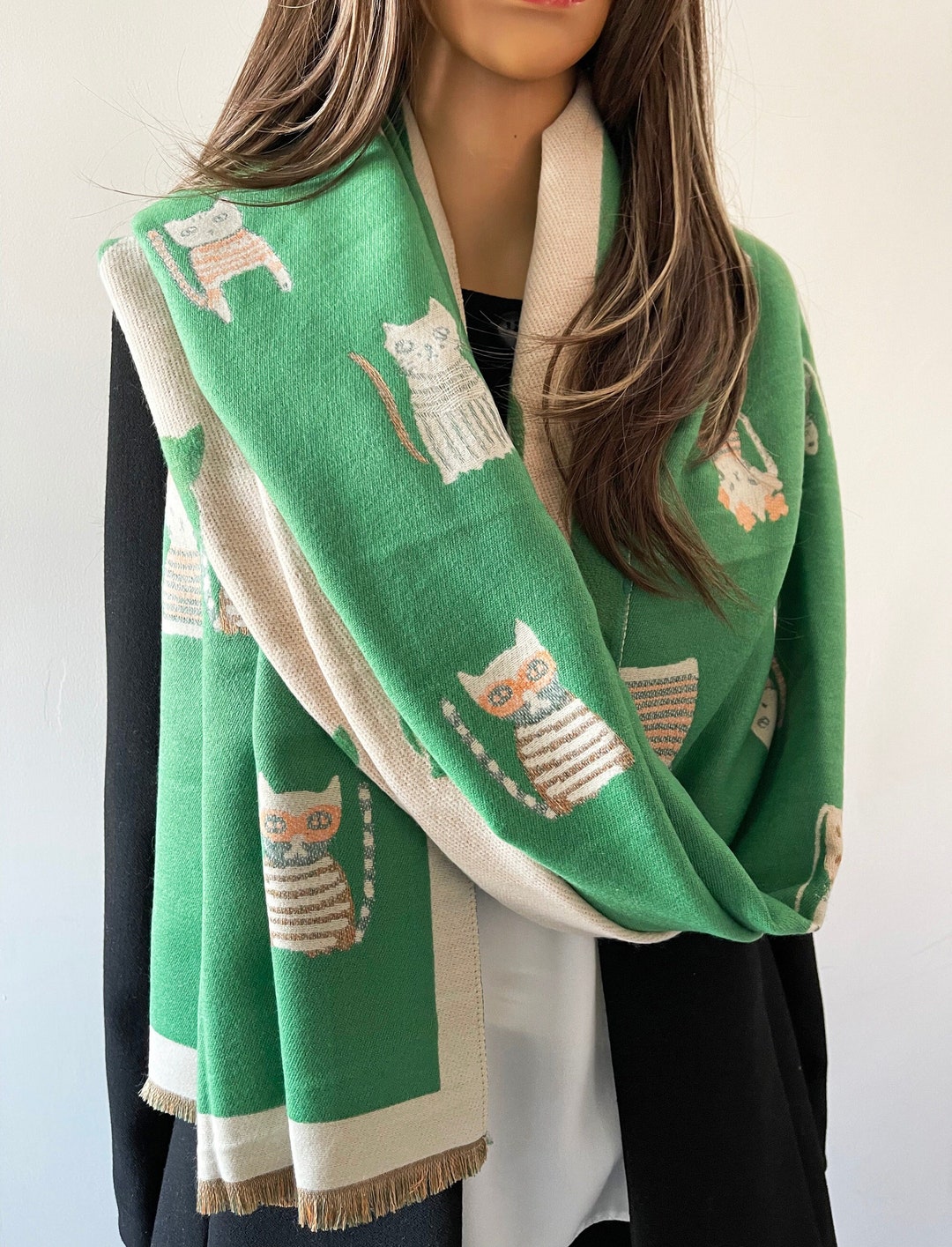 Cat Gift, Cat Print Scarf Pashmina Shawl Wrap, Scarf With Cats, Womens ...