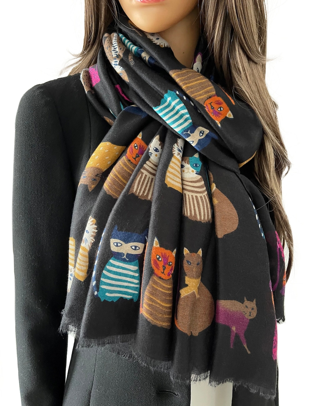 Cat Gift Black Cat Print Scarf Cotton Scarf Womens 40th 50th 60th ...