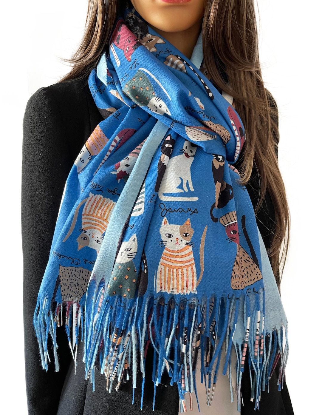 Cat Gift Blue Cat Print Scarf With Cats Womens 40th 50th 60th Birthday ...