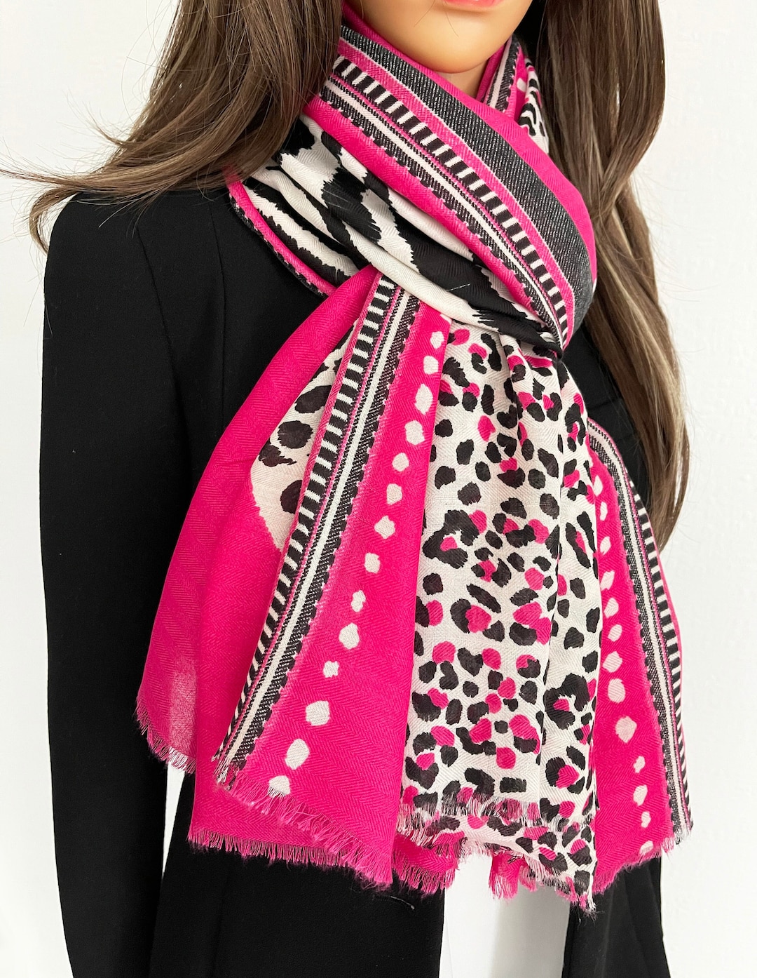 Womens Pink Fuchsia Hot Pink Leopard Print Scarf, Colour Block Multi ...