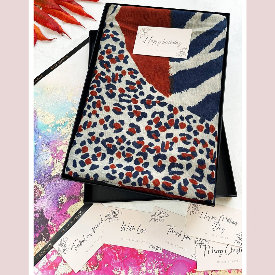 Womens Orange Rust Blue Leopard Print Scarf Ladies Scarf Gift Box ...