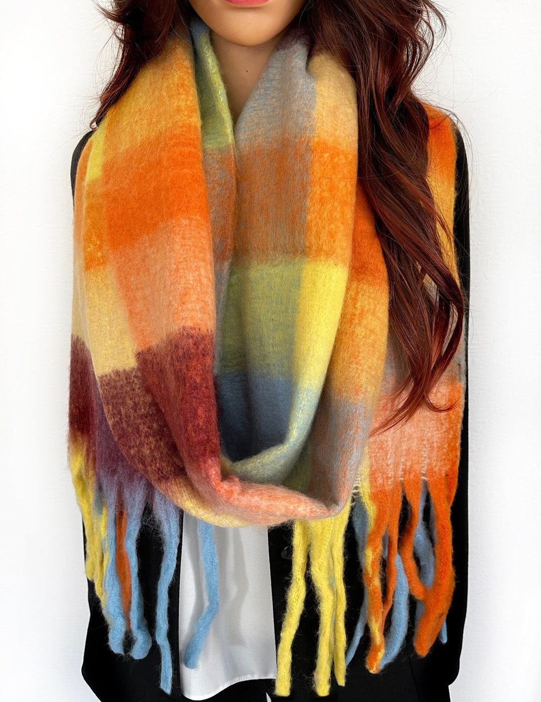 Yellow Checked Blanket Scarf Women, Rainbow Oversized Wool Scarf Shawl ...