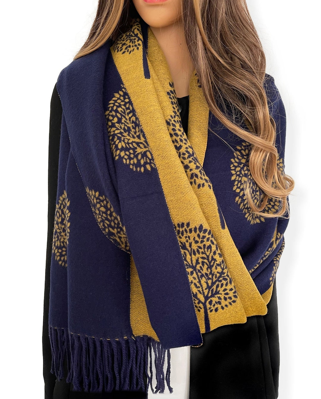 Mustard Yellow Mulberry Tree Cashmere Scarf LUXURY Reversible Winter ...