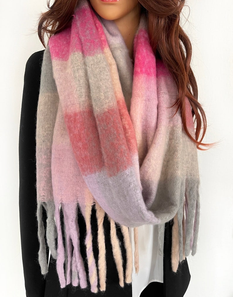 Pink Checked Blanket Scarf Women Rainbow Oversized Wool Scarf - Etsy