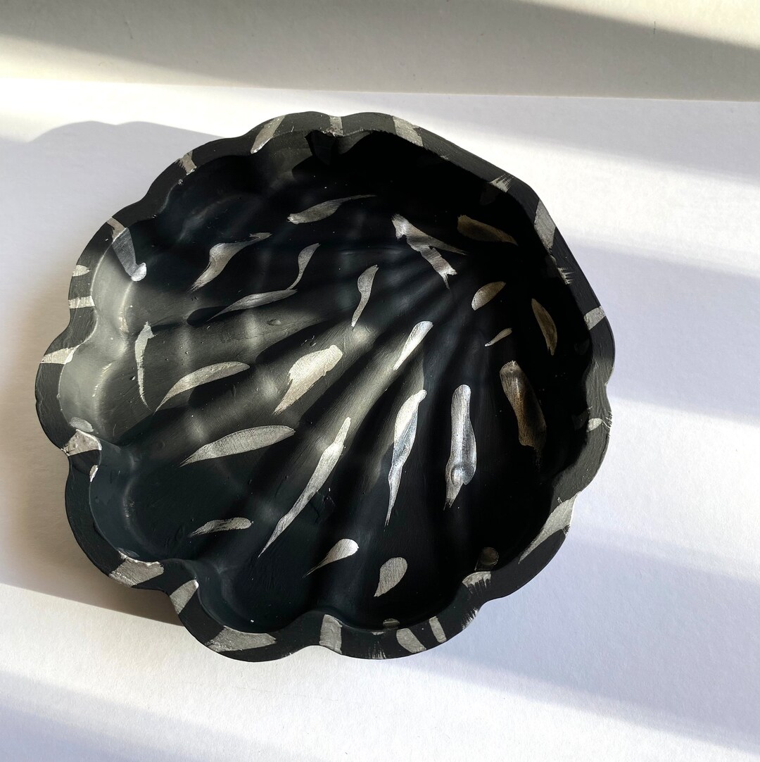 Shell trinket clay tray handmade, Homeware black and silver use for ...