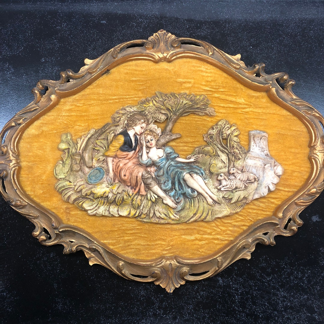 Mid Century Empire Italian Velvet Wall Plaque - Gold Framed Resin ...