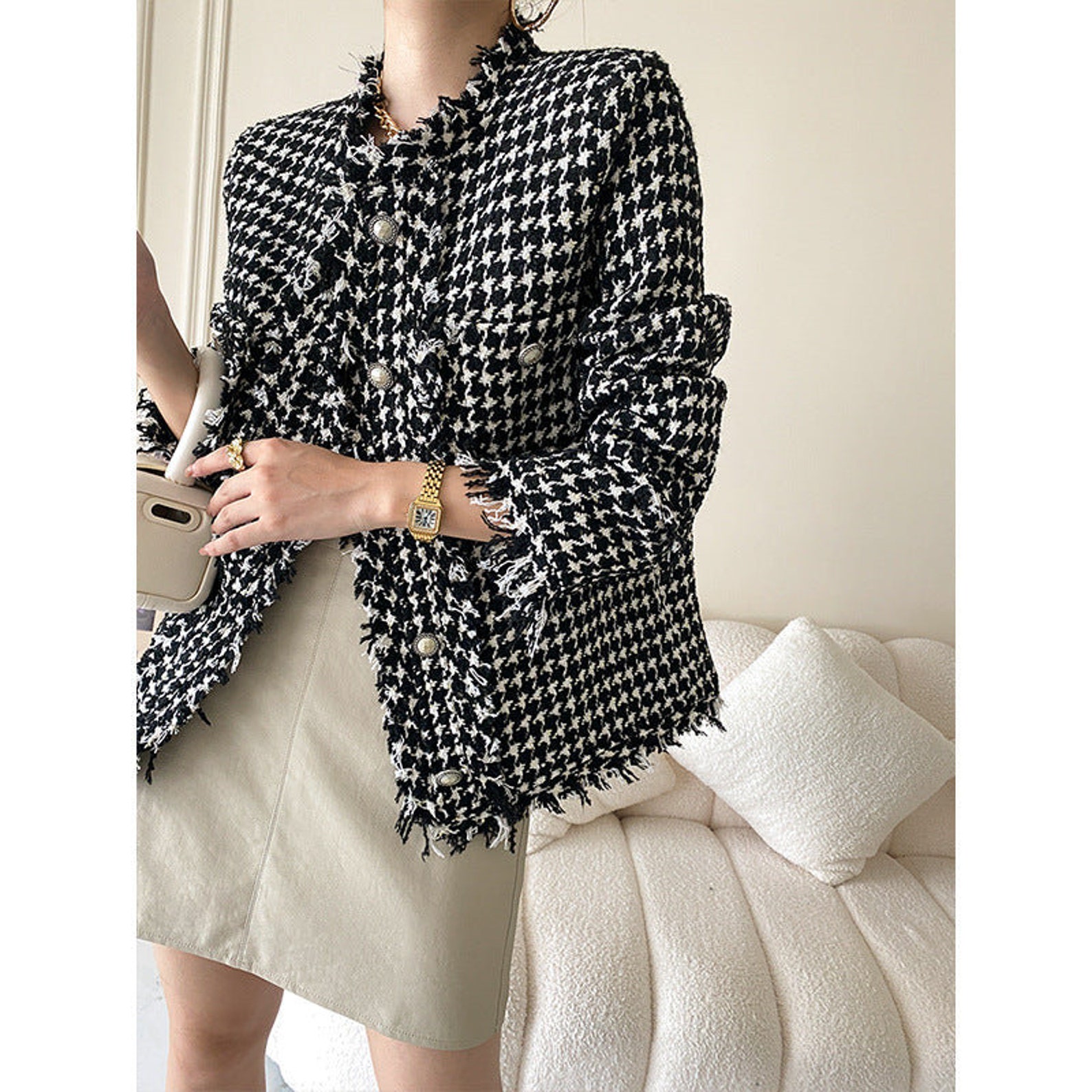 French Houndstooth Fringed Tweed Jacket Top - Etsy UK