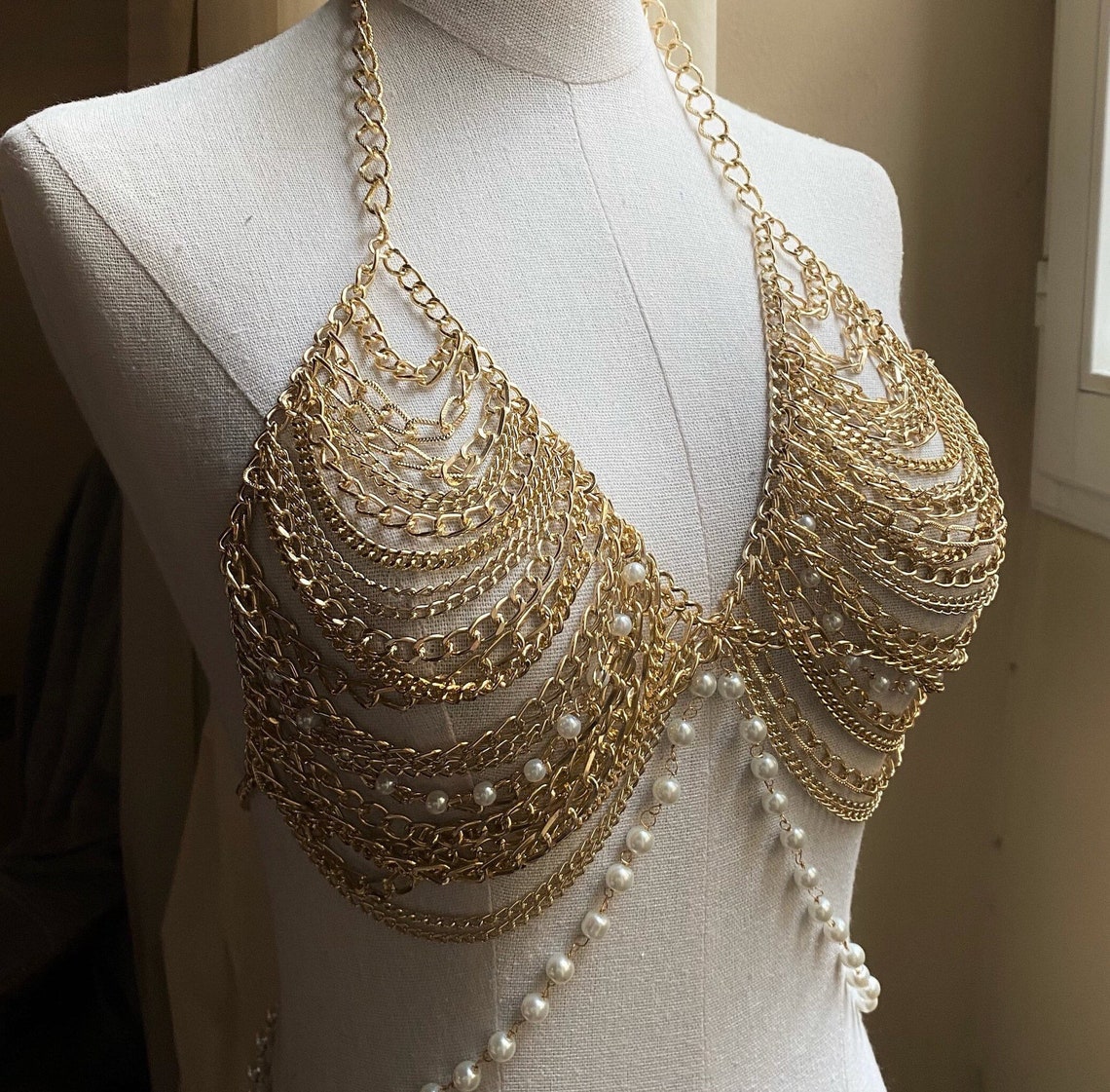 Gold Chain Dress, Gold Body Chains, Body Jewelry, Pearl Body Chain ...