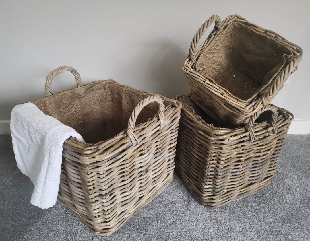 Chunky Square Rattan Log Baskets With Removable Hessian Liner & Ear ...