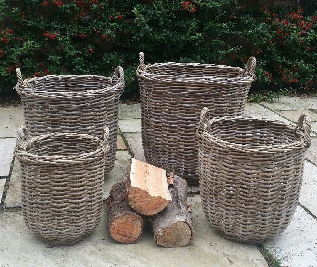 Super Strong Round Chunky Rattan Log Basket With Handles - Rustic Home ...