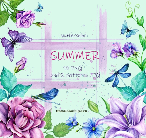 Watercolor Floral Clipart. Summer Flowers. Bouquet. Butterfly. | Etsy