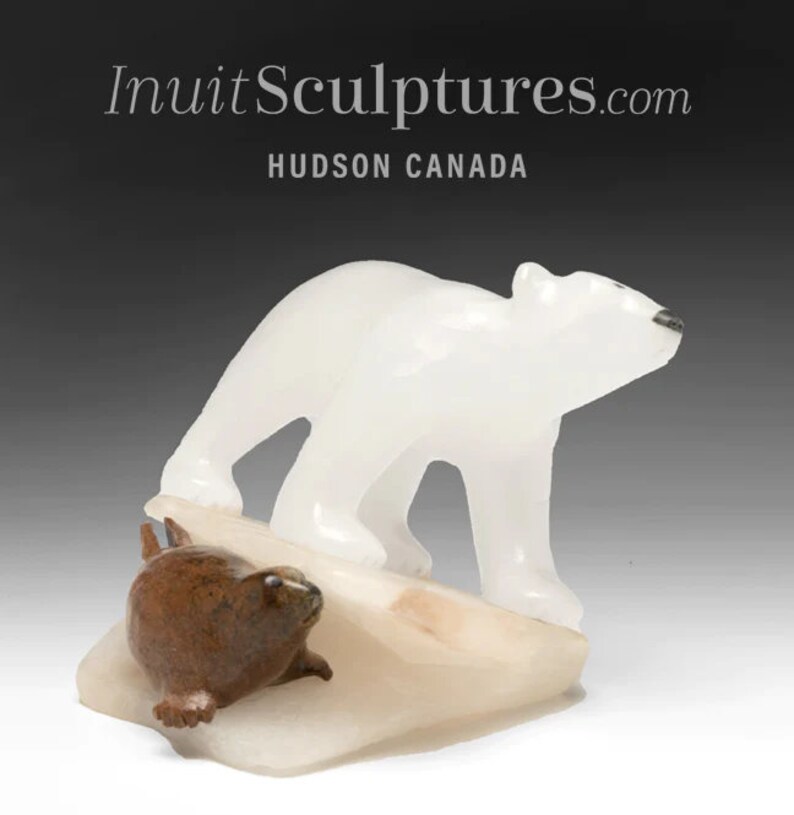 6" Young Polar Bear & Seal by Peter K. *peek A Boo* Inuit Sculpture ...