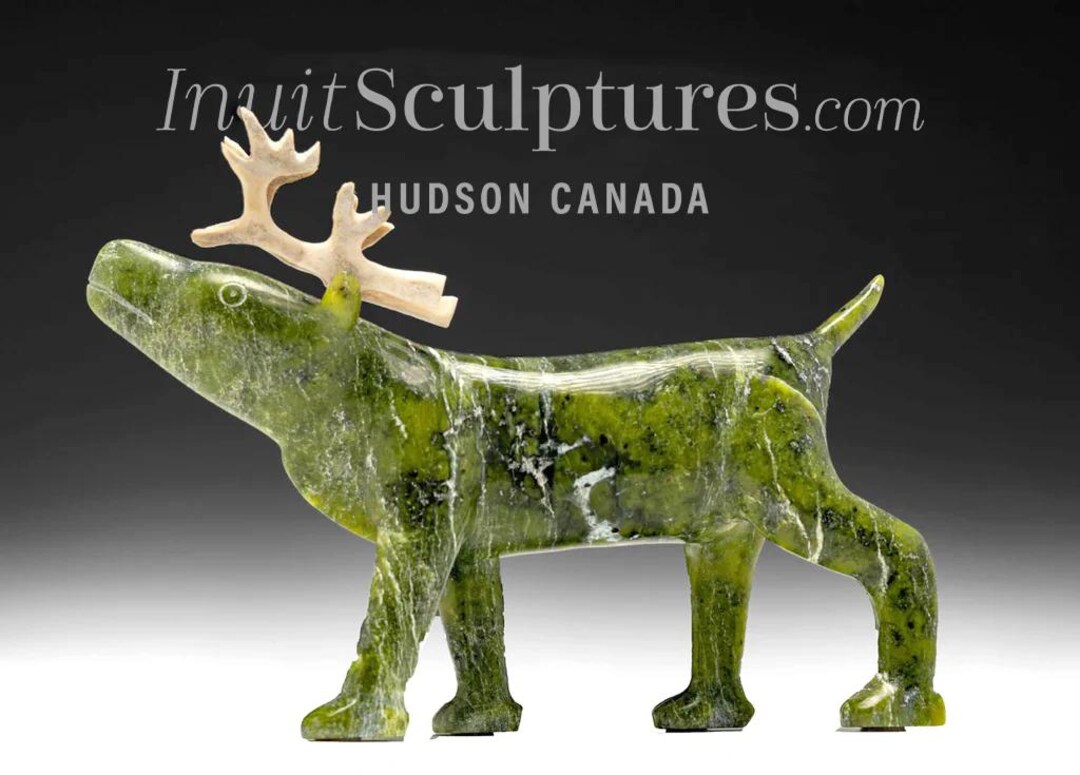 8" Caribou by Peter Aningmiuq *on Alert* Green Original Inuit Sculpture ...