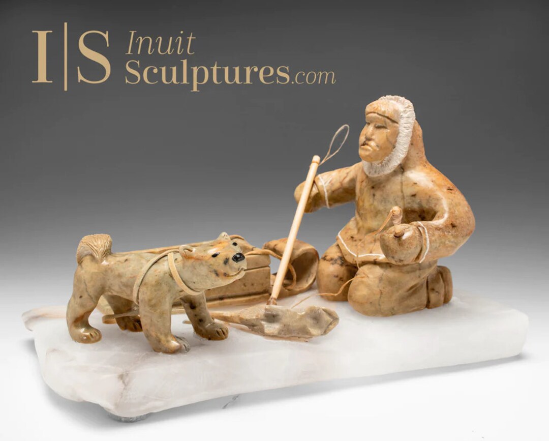 10 SIGNATURE Inuk and His Dog by Peter K. chinook Inuit Sculpture Stone ...