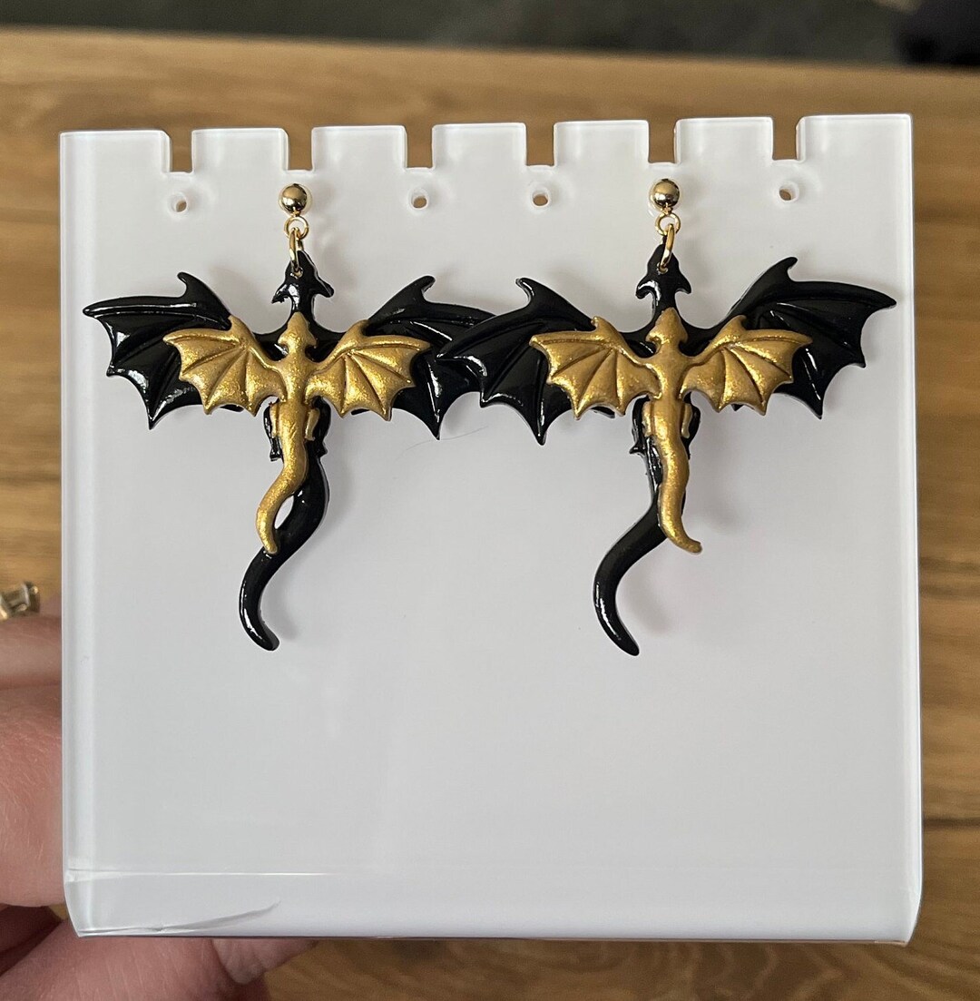 Black and Gold Dragon Earrings, Fourth Wing Inspired Tairn and Andarna ...