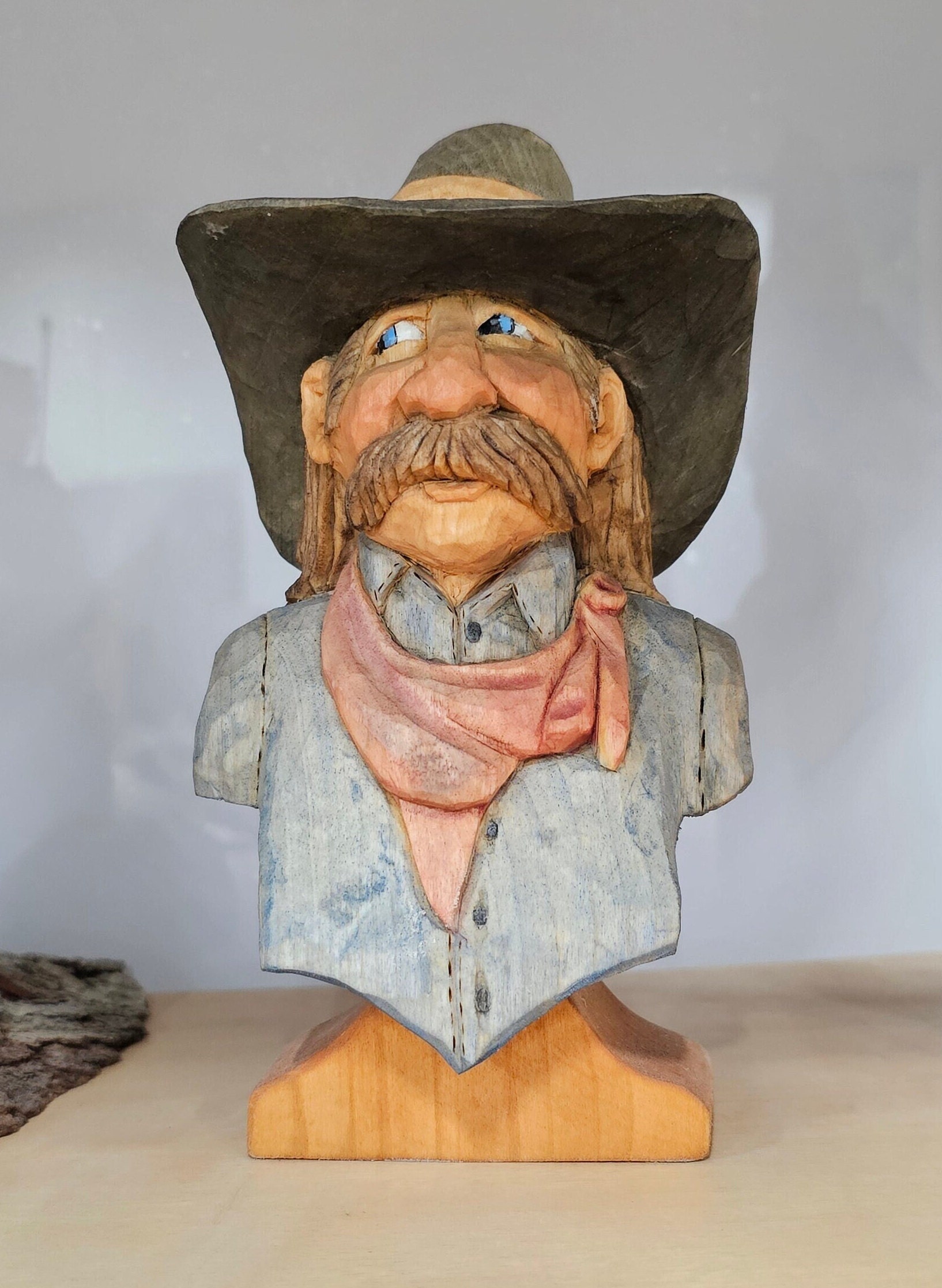 Hand Carved, Cowboy Bust on a Base. Gift for the Hard to Buy For ...
