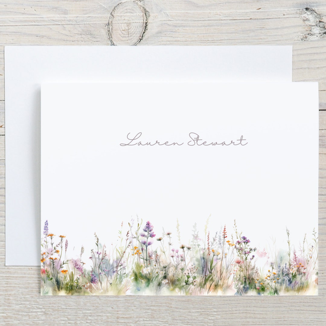 Personalized Meadow Wildflowers Note Cards, Watercolor Wild Flowers ...