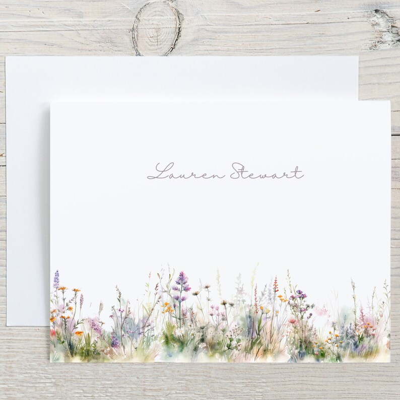 Personalized Meadow Wildflowers Note Cards, Watercolor Wild Flowers ...