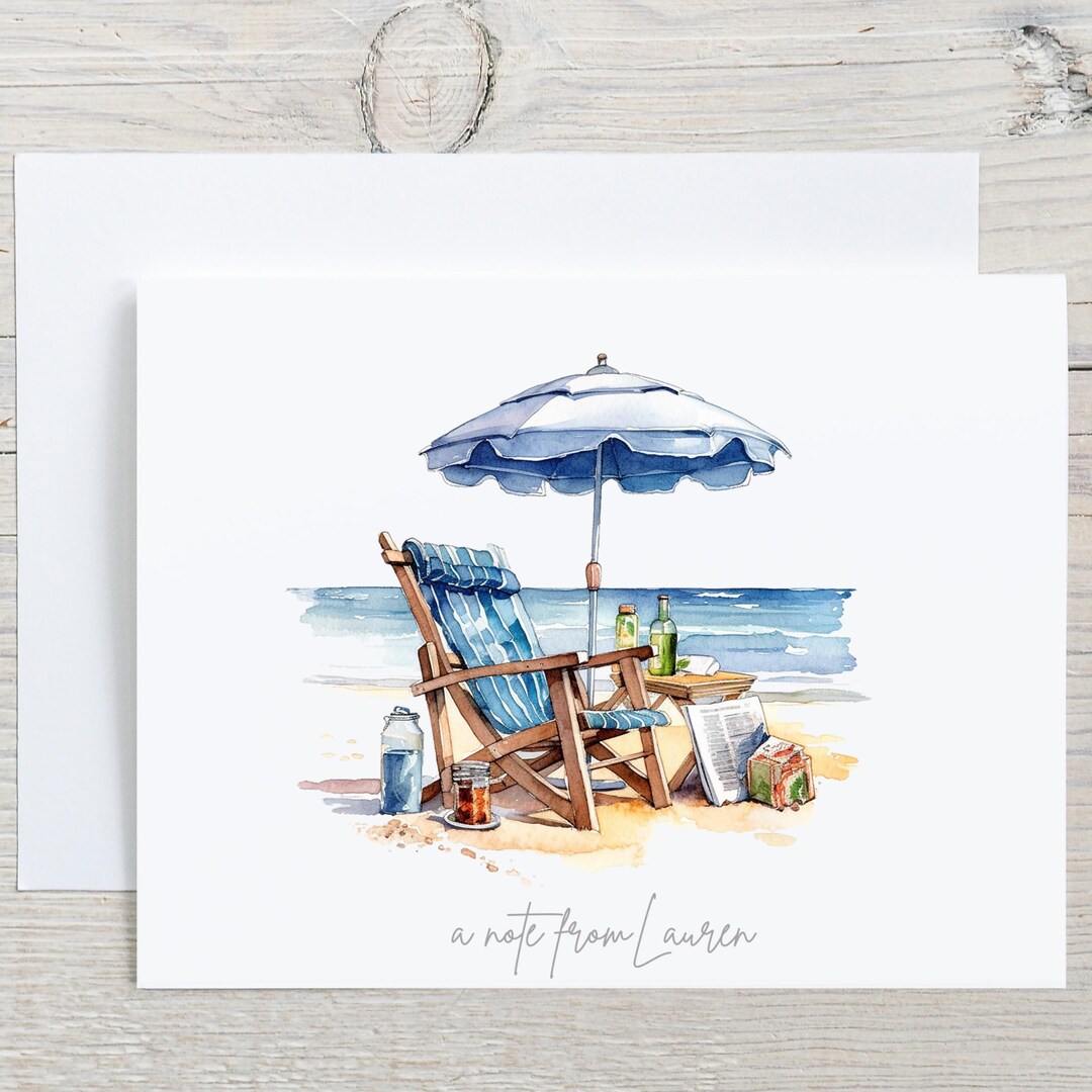 Beach Chair Note Cards, Personalized Summer Stationary, Watercolor ...