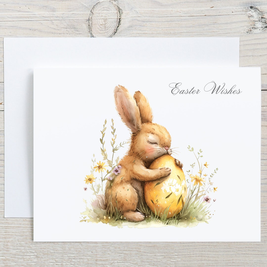 Bunny Rabbit Easter Wishes, Watercolor Bunny Rabbit Easter Note Cards ...
