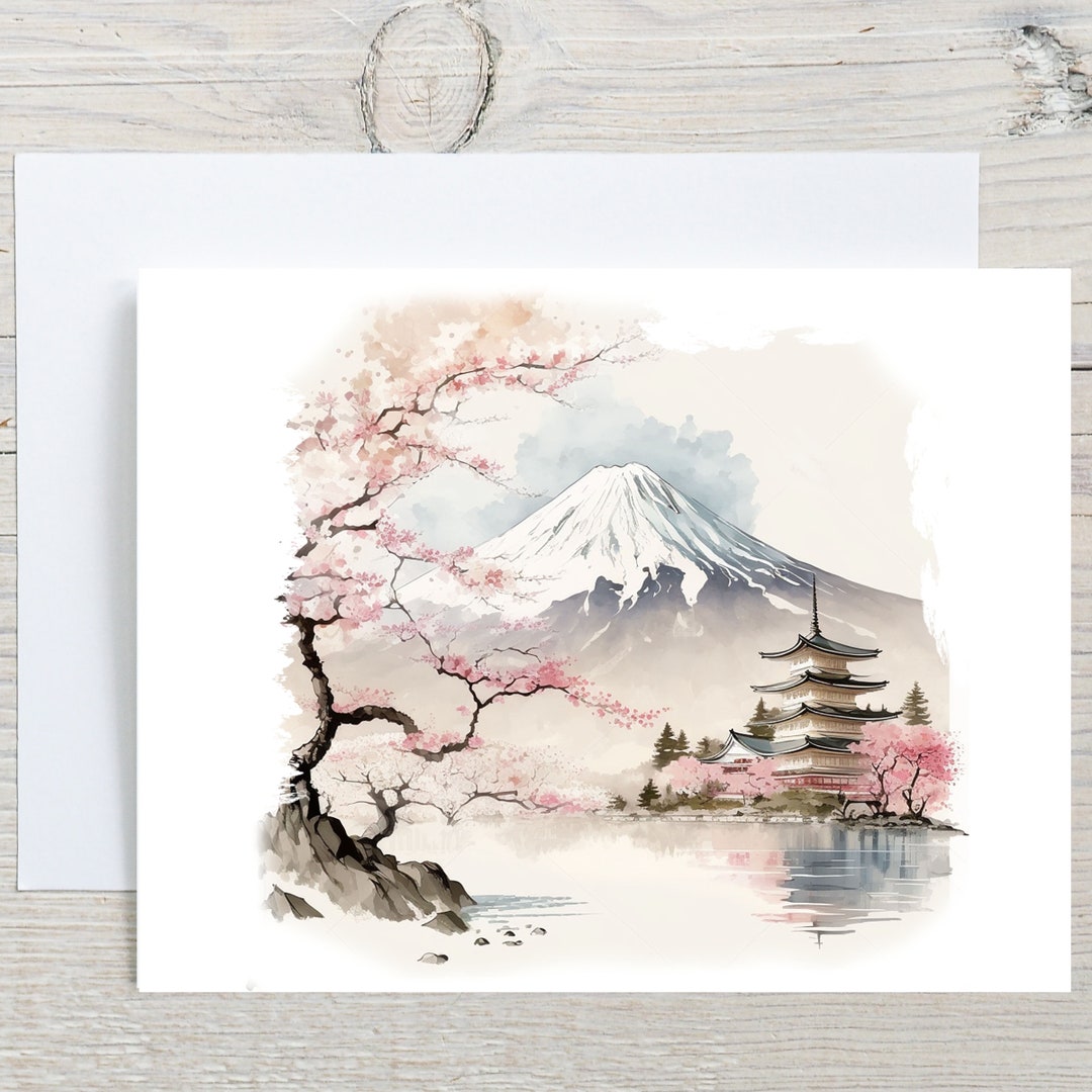 Japanese Watercolor Mt. Fuji Landscape, Note Cards Set, Cherry Blossoms ...