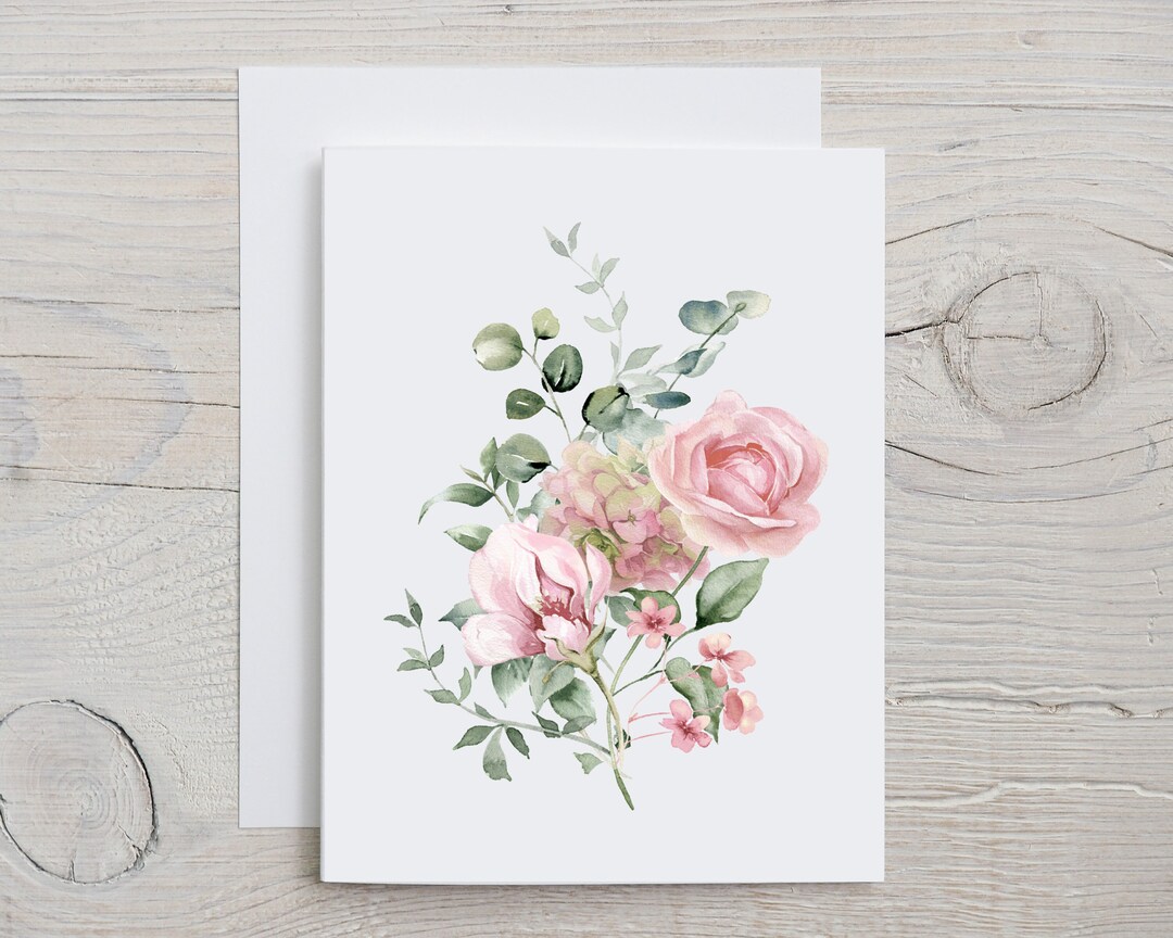 Pink Roses Hydrangeas Folded Note Cards, Summer Flowers Florals ...