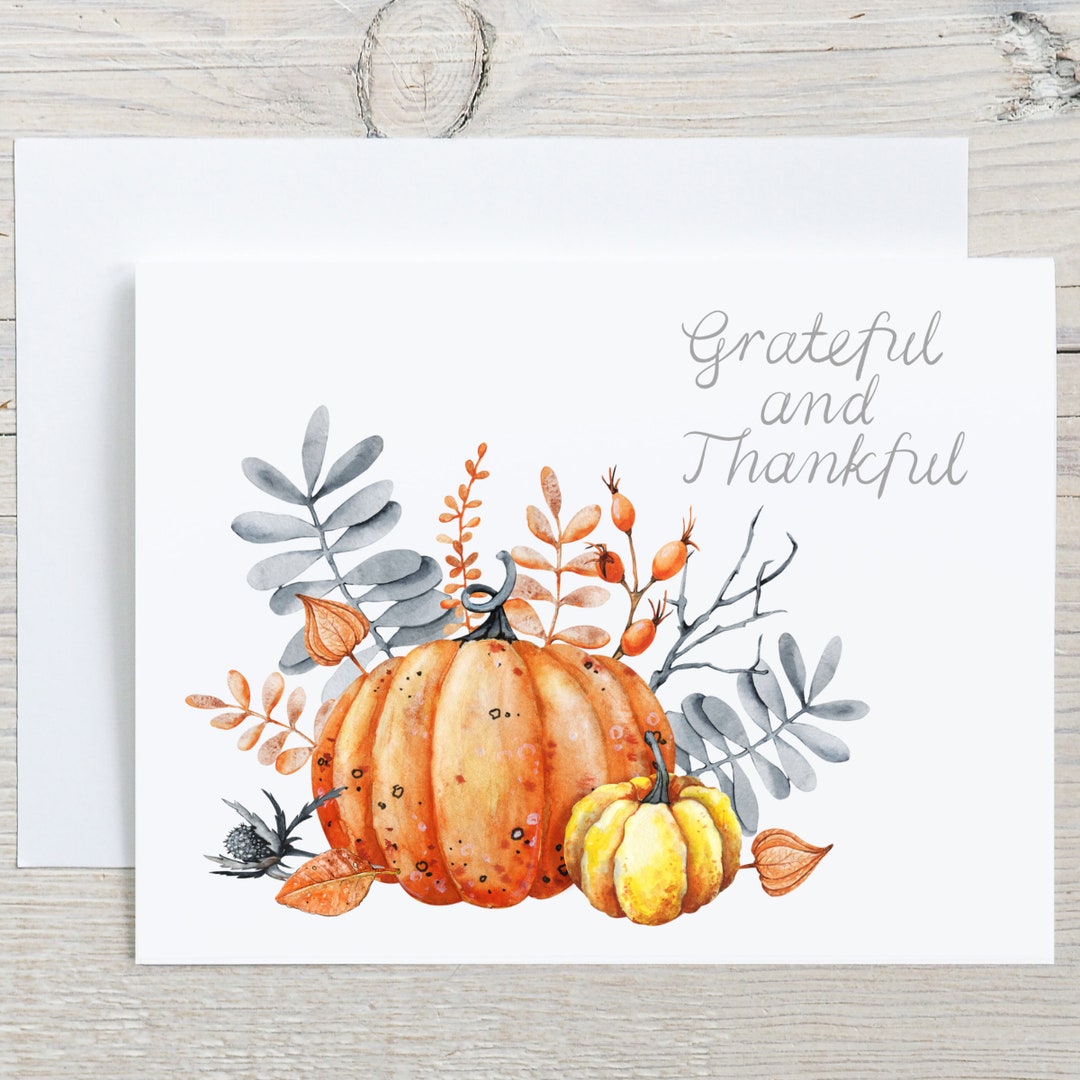 Grateful Thankful Autumn Note Cards With Watercolor Pumpkins and Fall ...