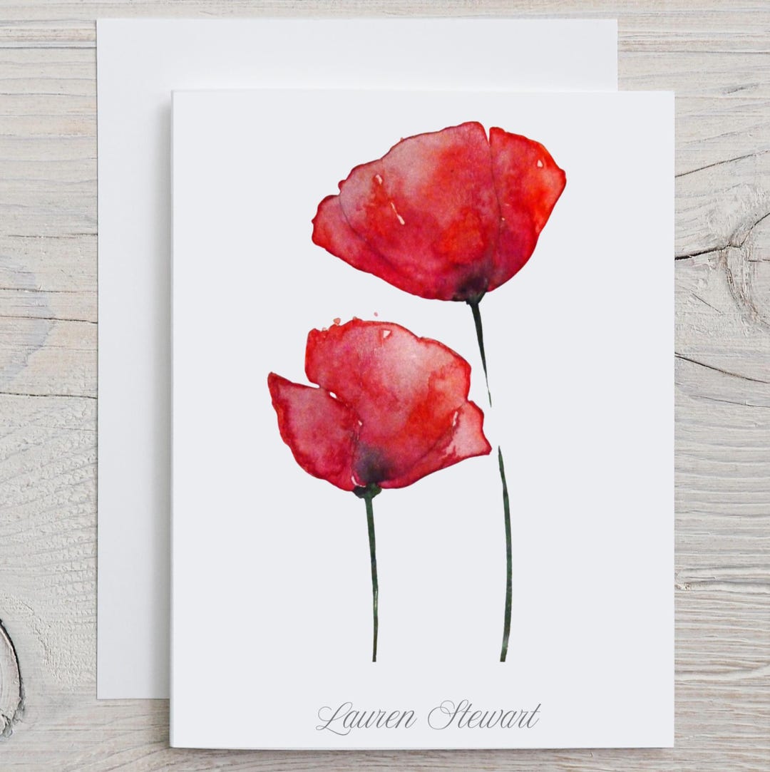 Red Poppy Personalized Note Cards, Custom Watercolor Stationary, Flower ...