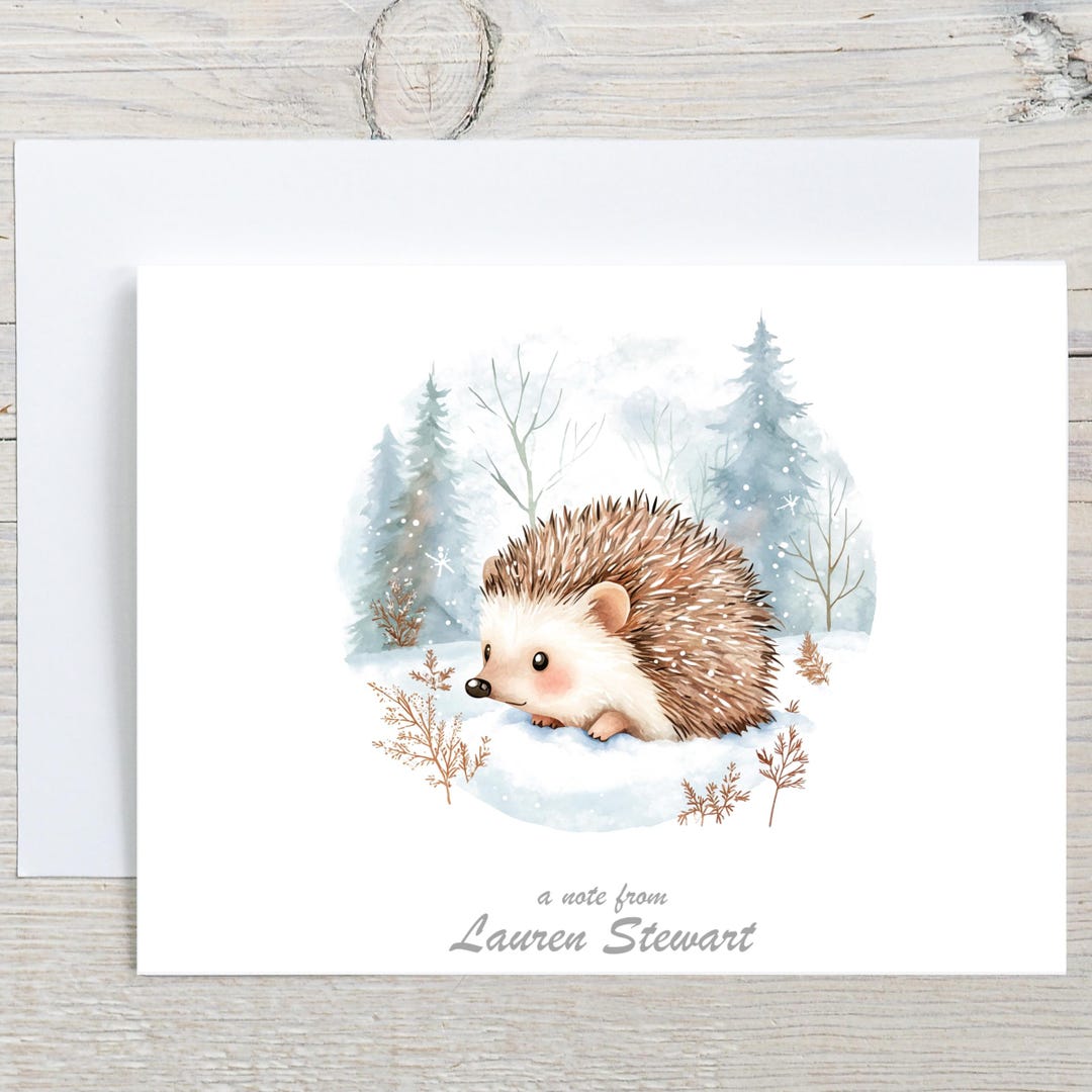 Cute Winter Hedgehog Note Cards, Personalized Animal Stationary, Snowy ...