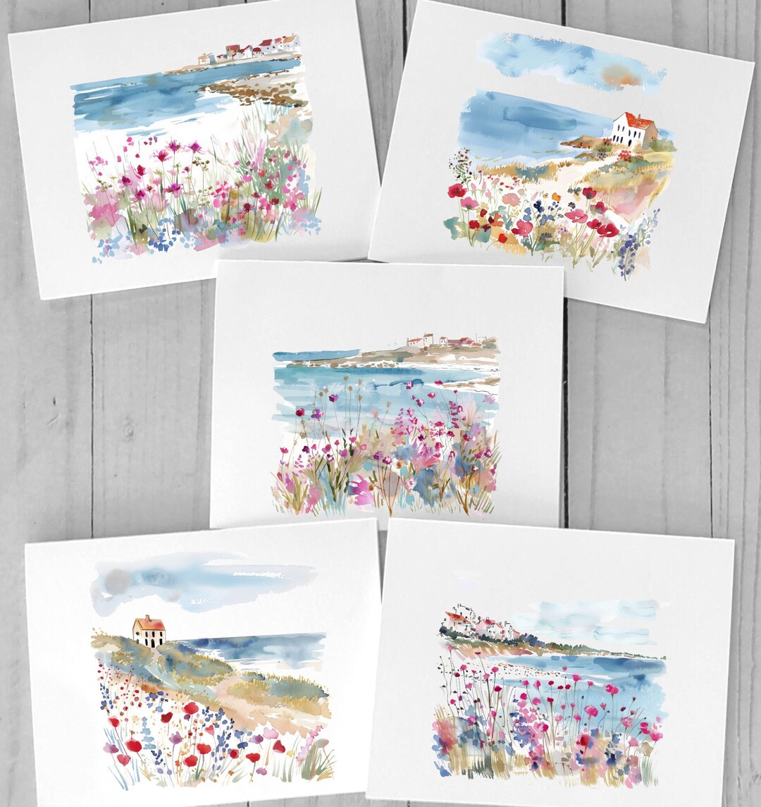 Coastal Scene Watercolor Note Cards, Blank Stationary Cards, Seacoast ...