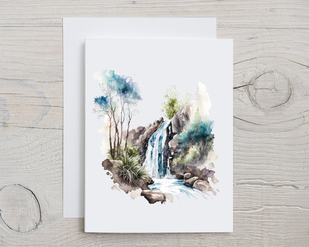 Watercolor Tropical Waterfalls Note Cards Sets, Scenic Mountain Falls ...